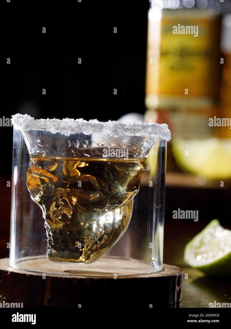 tequila served on the skull shot glass with lemon and salt Stock Photo ...