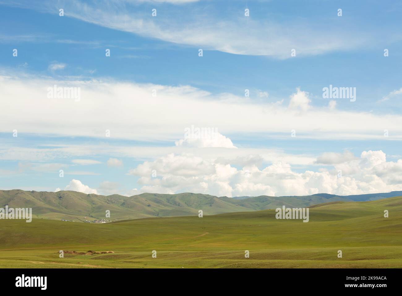 Summer Mongolian Steppe, Mountains and Blue Sky with Clouds Stock Photo ...