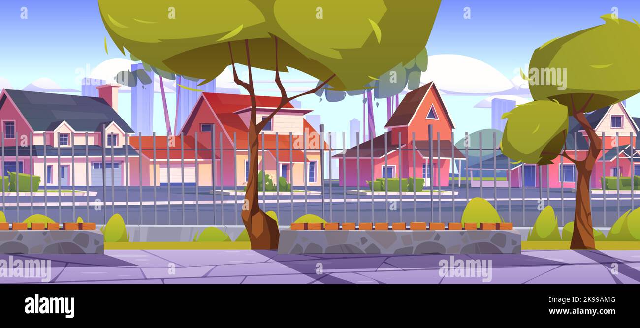 Suburb houses, suburban street with residential cottages behind of ...