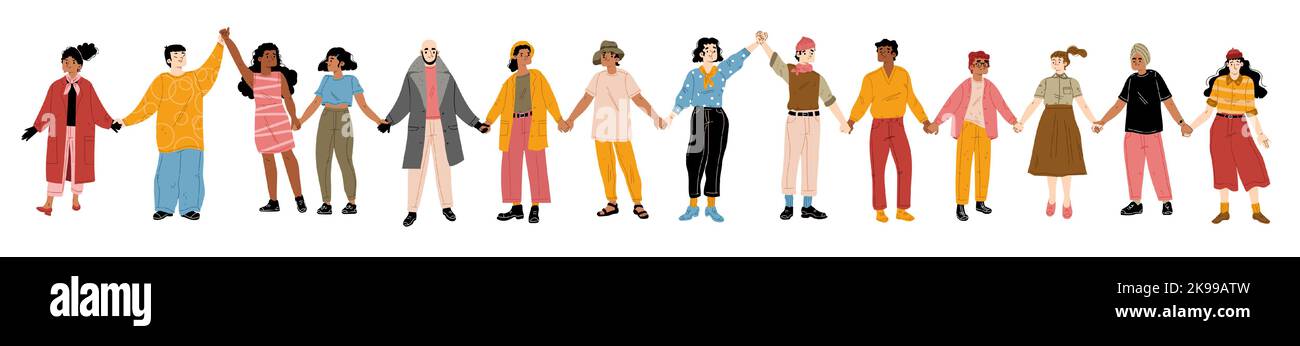 People hold hands, smiling happy men and women stand in row together ...