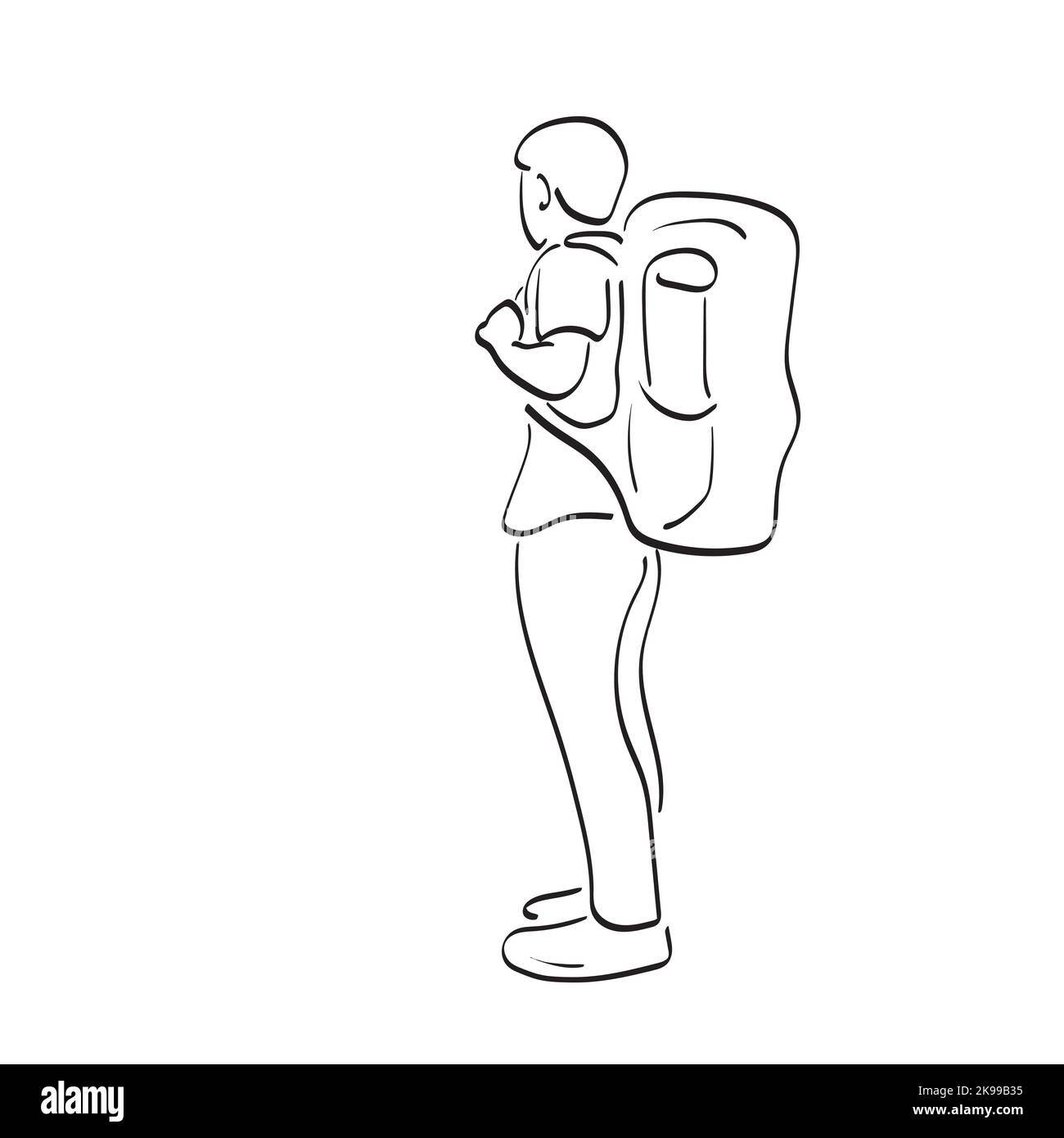male traveler with his backpack standing in back view illustration ...