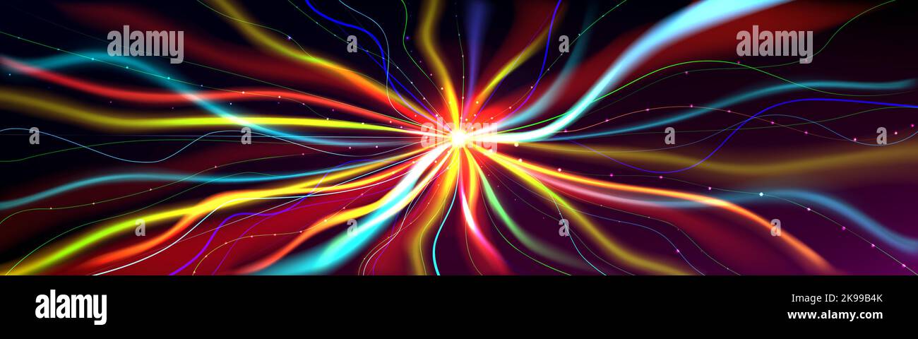 Abstract background with colorful curve lines going form shining center ...
