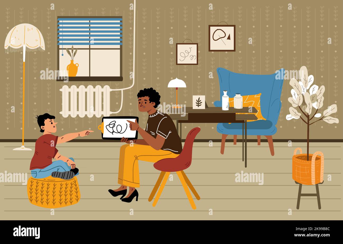 Psychologist talk with boy and show picture test. Child psychotherapy ...