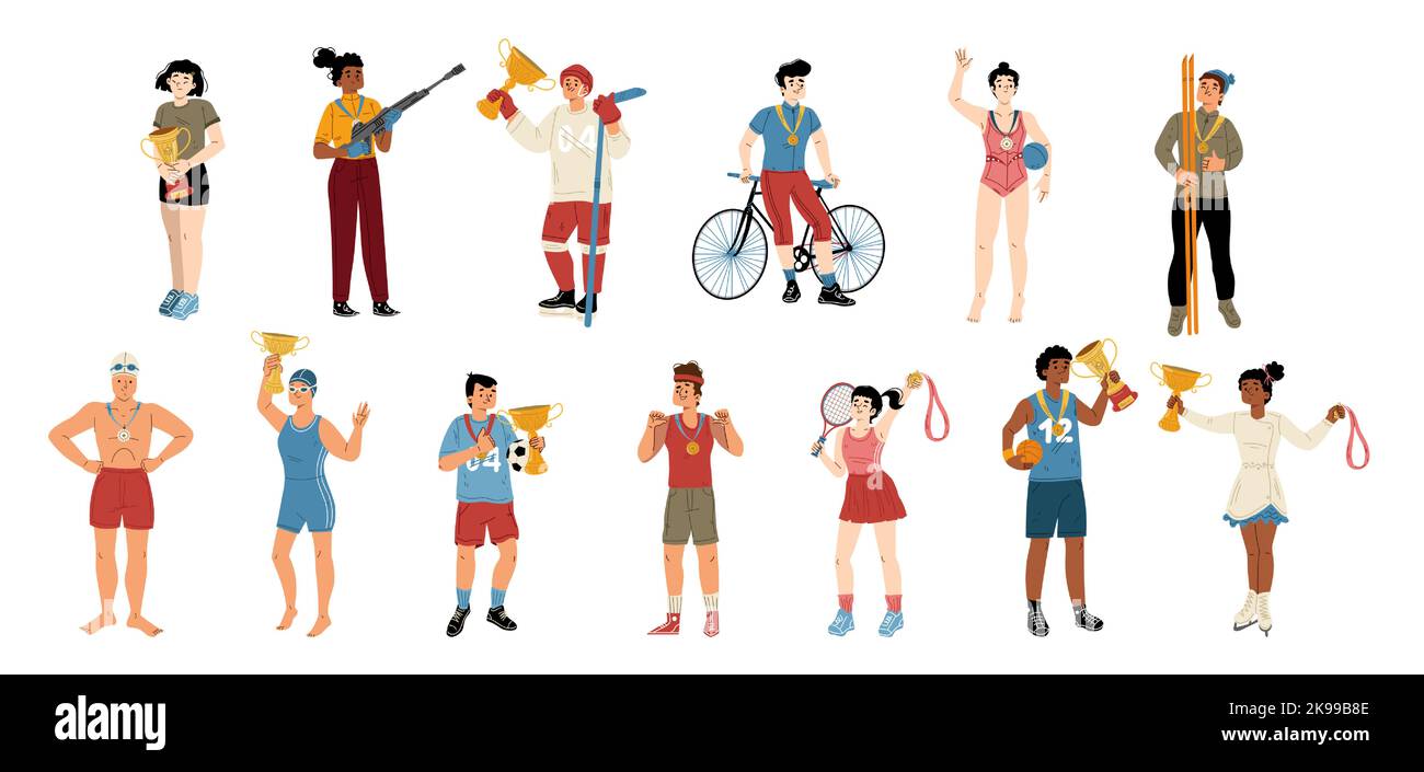 Sport athletes champions with gold medals and cups. Diverse sportsmen ...