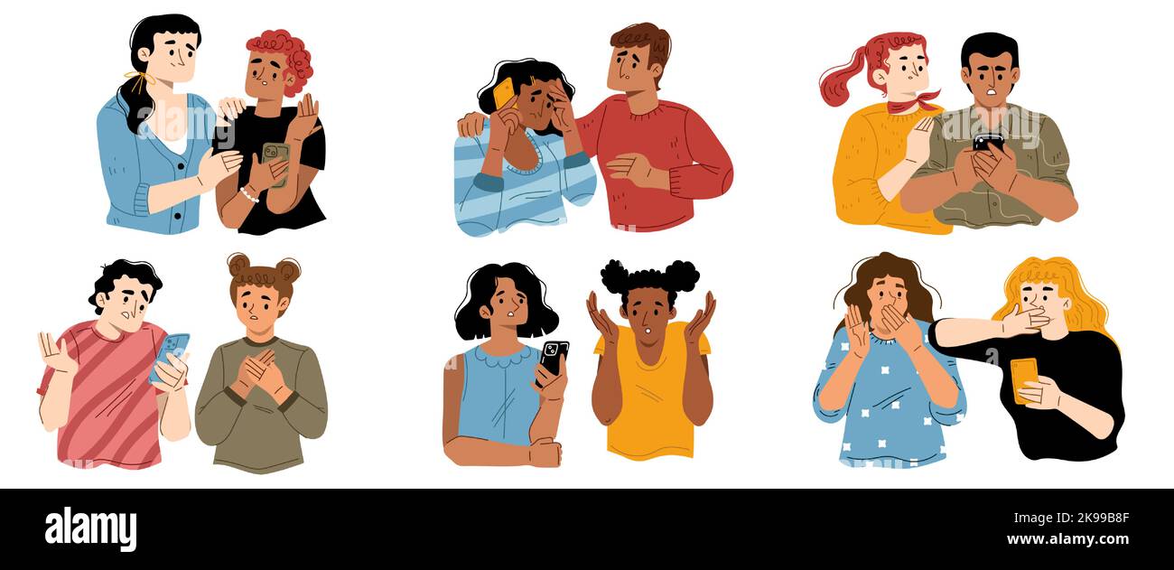 Sad people receive bad news, feel sorrow, stress and anxiety. Diverse ...