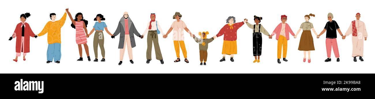 Diverse people standing together and holding hands. Multiracial ...