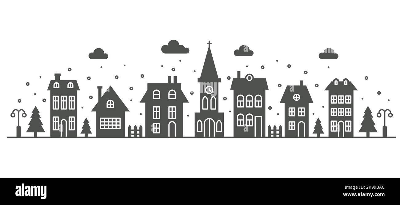 Suburban neighborhood winter landscape. Silhouette of houses and church ...