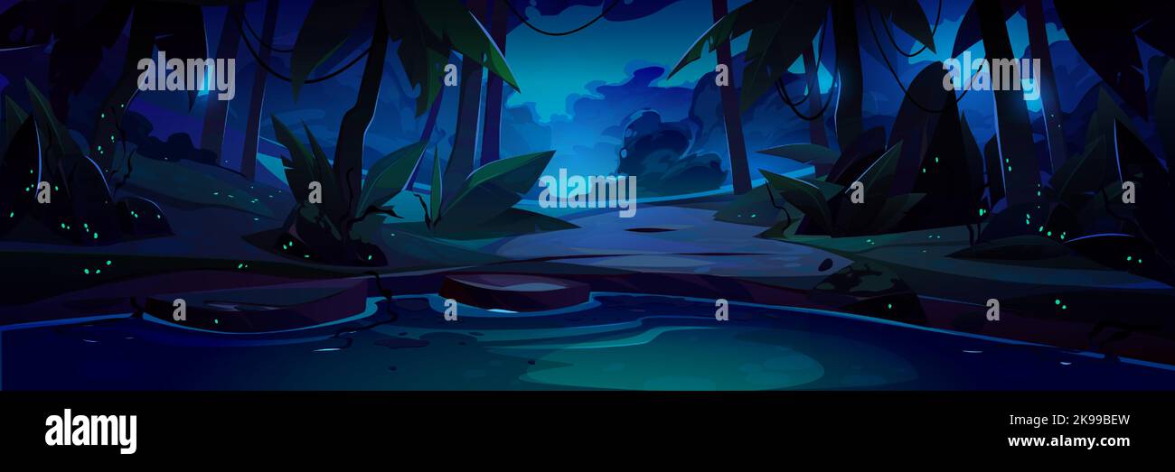 Jungle landscape with lake, path and trees silhouettes at night. Dark ...
