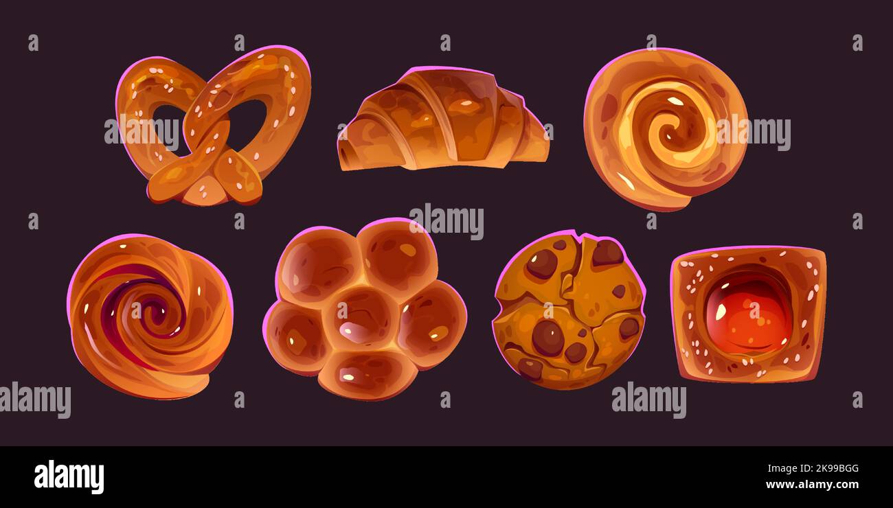 Bread, bakery, fresh pastry isolated set. Croissant, bun, cinnabon and ...