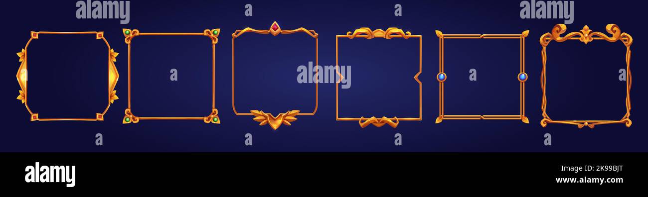 Set of square ui game frames, textured medieval borders of gold metal with gems. Cartoon empty ...