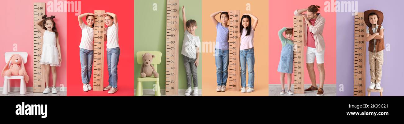 Set of children with stadiometer measuring height on color background ...