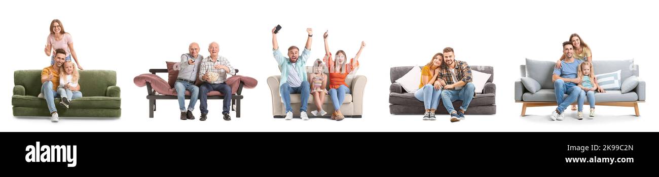 Group of relaxing people on soft sofas against white background Stock ...