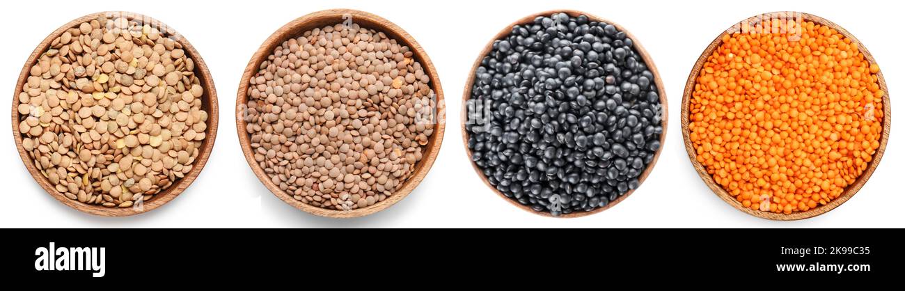 Collage of tasty raw lentils in bowls on white background Stock Photo ...