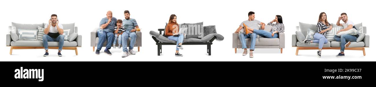 Set of relaxing people on soft sofas against white background Stock ...