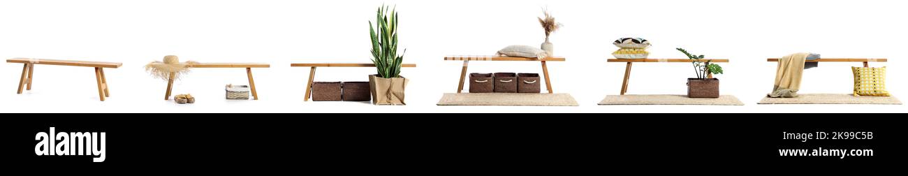 Collage of stylish bench with accessories, baskets, plaid, pillows and ...