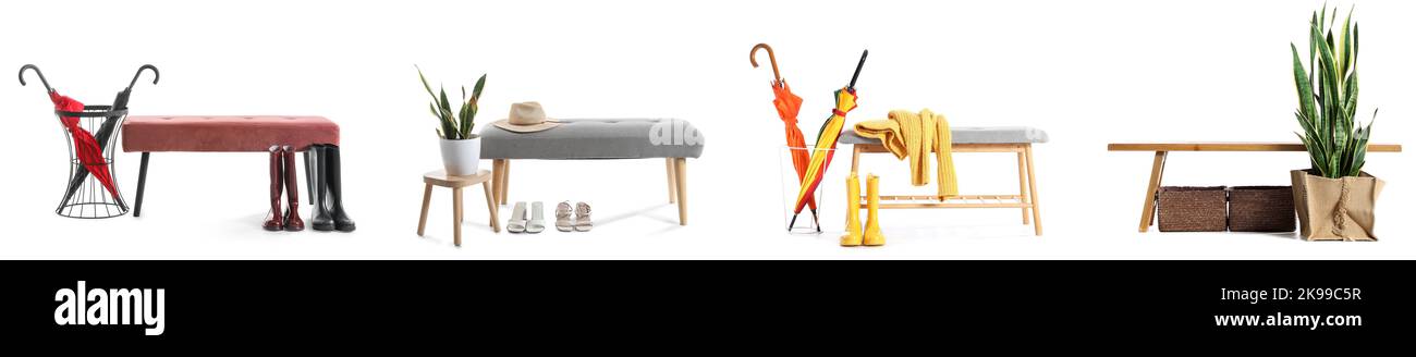 Collage of different stylish benches with clothes, accessories and ...