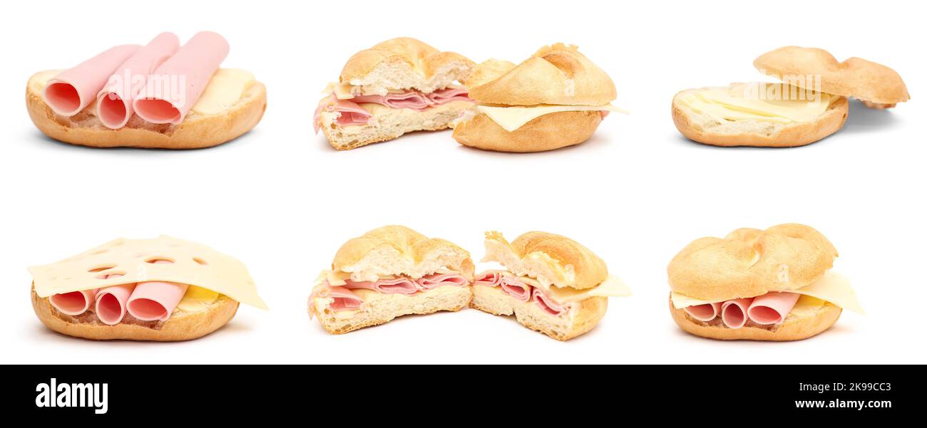 Set of delicious kaiser rolls with butter, ham and cheese isolated on ...