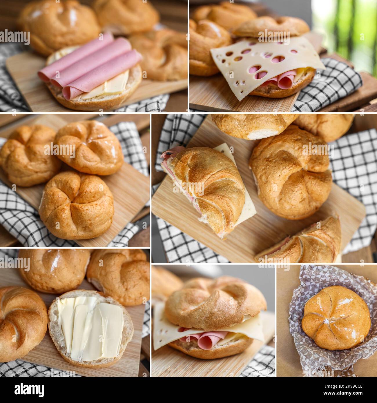 Collage with many delicious kaiser rolls Stock Photo - Alamy