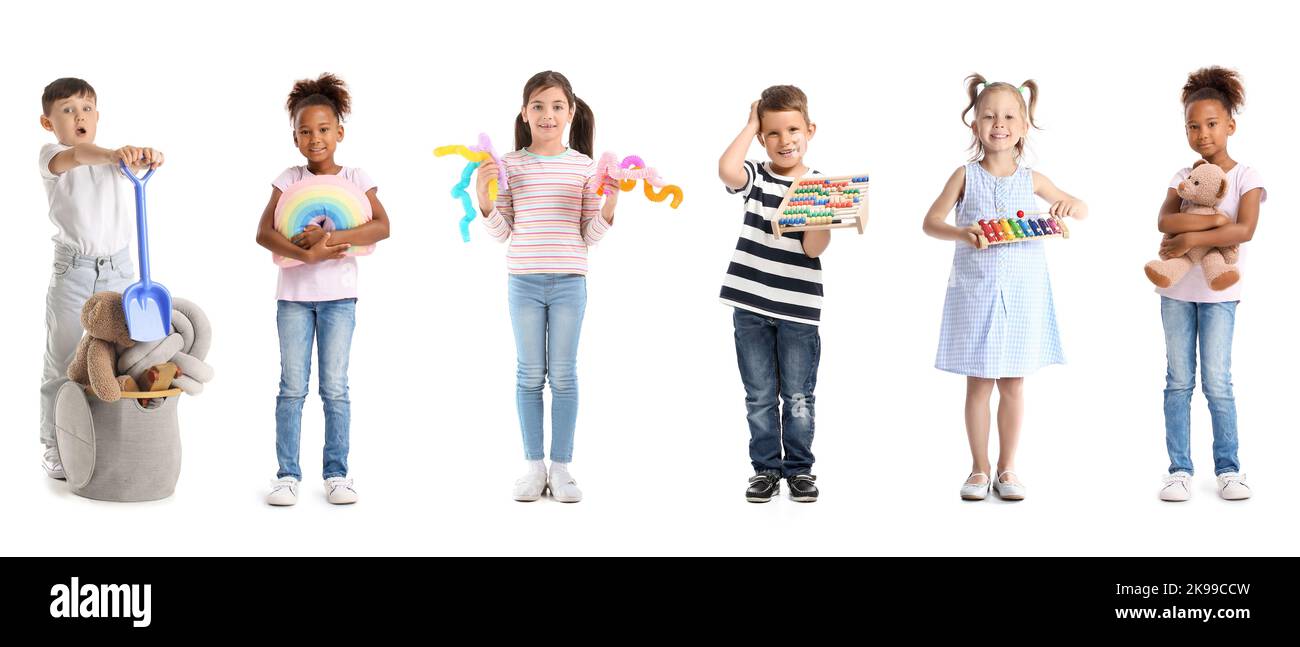 Group of different children with toys on white background Stock Photo ...