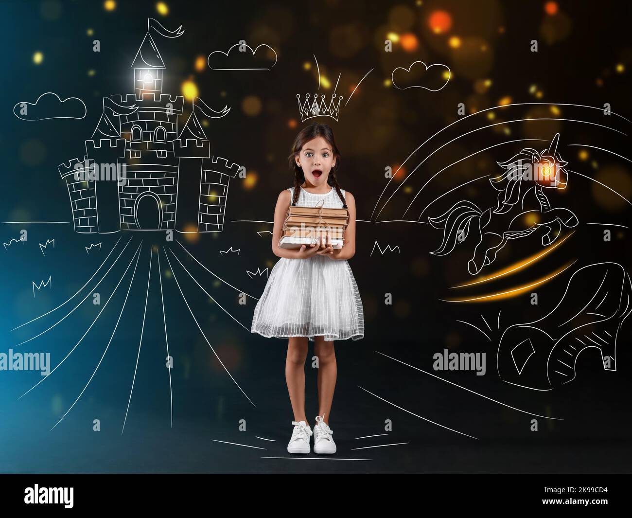 Surprised little princess with books in drawn magic kingdom on dark ...