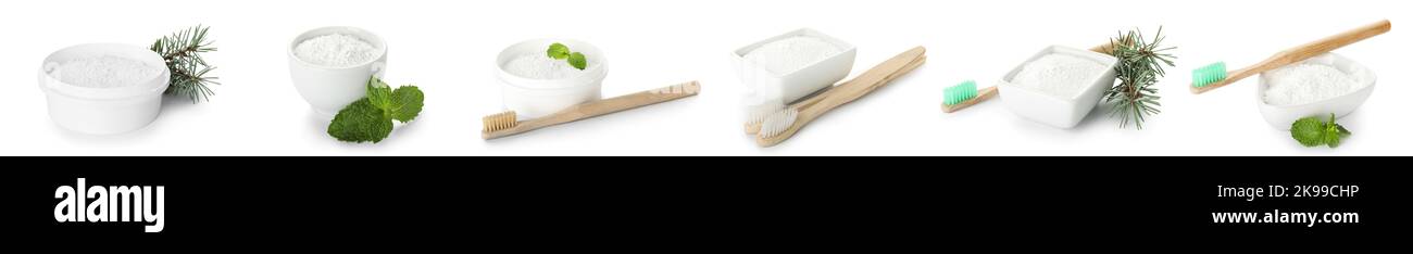 Collage of tooth powder with bamboo brushes on white background Stock ...
