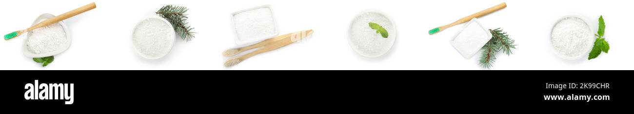 Collage of tooth powder with bamboo brushes on white background, top ...