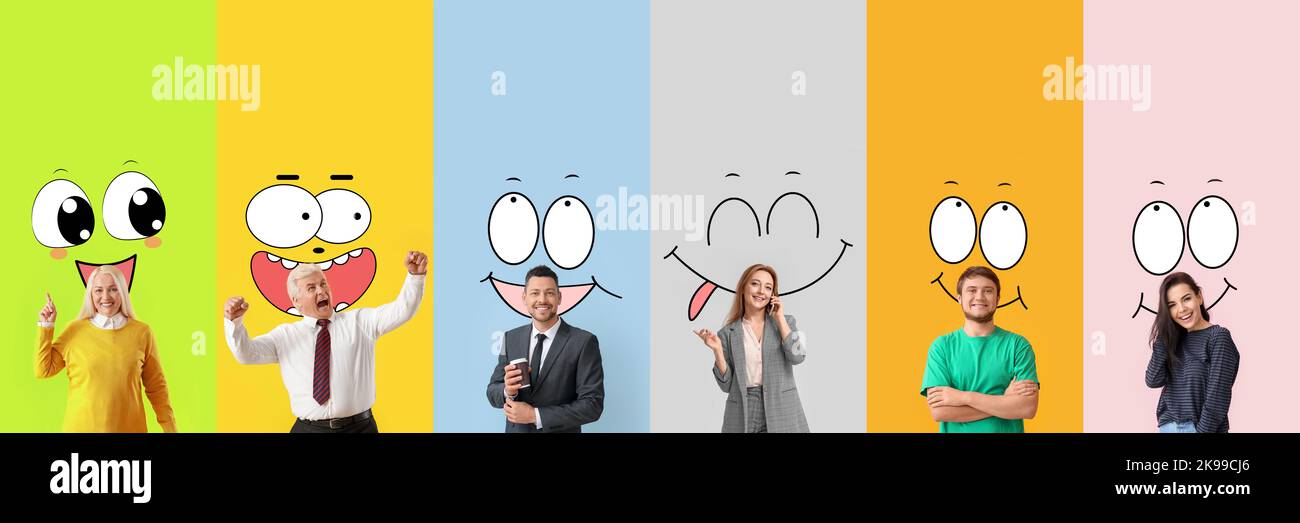 Group of happy people and drawn smiles on color background Stock Photo ...