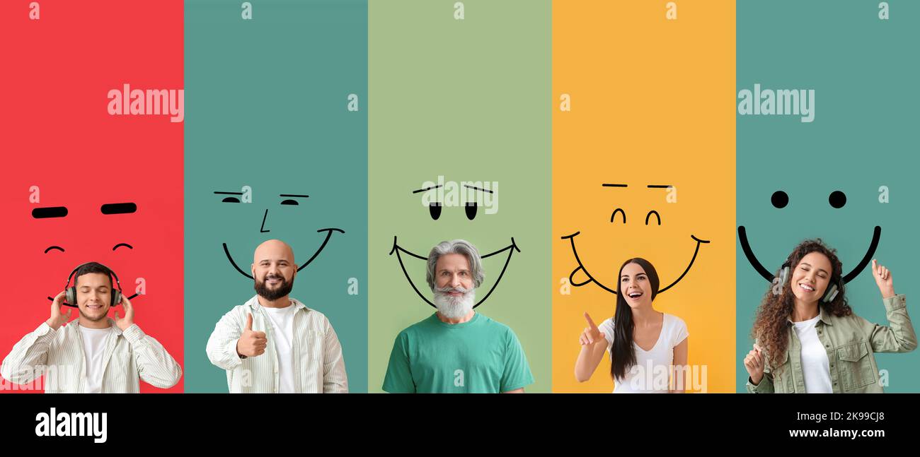 Collage of happy people and drawn smiles on color background Stock ...