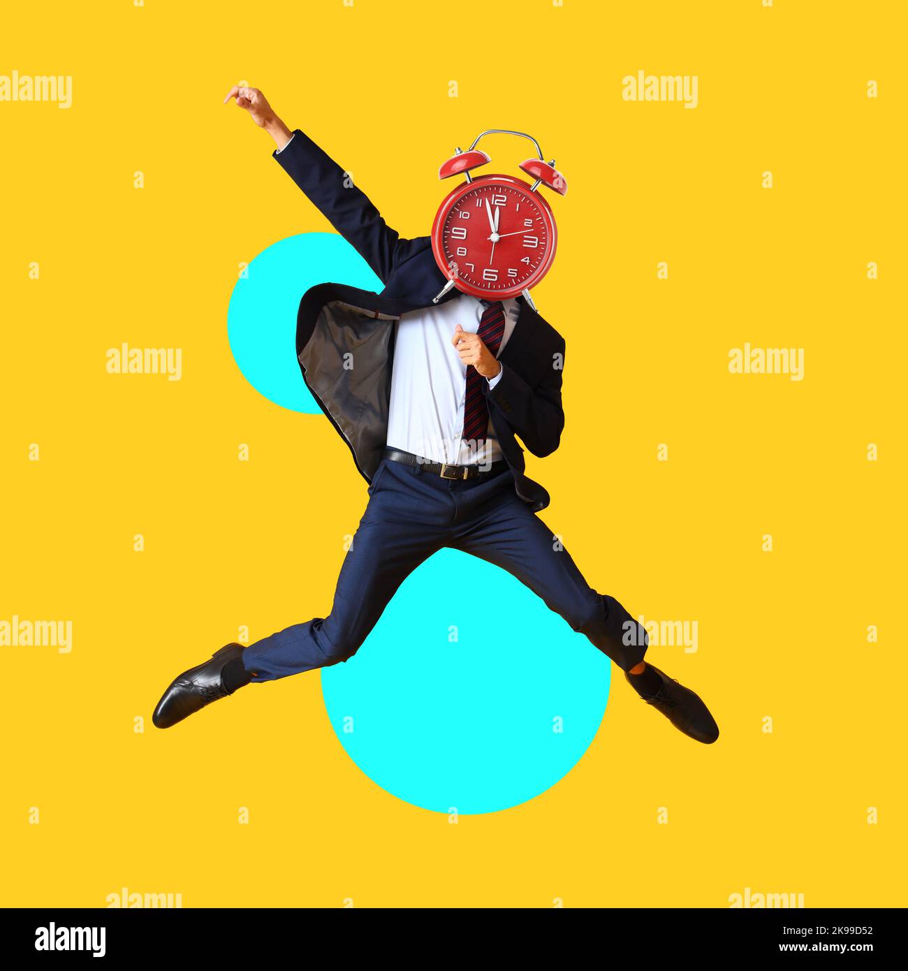 Jumping young businessman with alarm clock instead of his head on ...