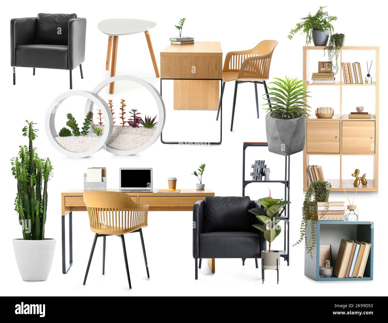 Collage of modern furniture and stylish decorations for office interior ...