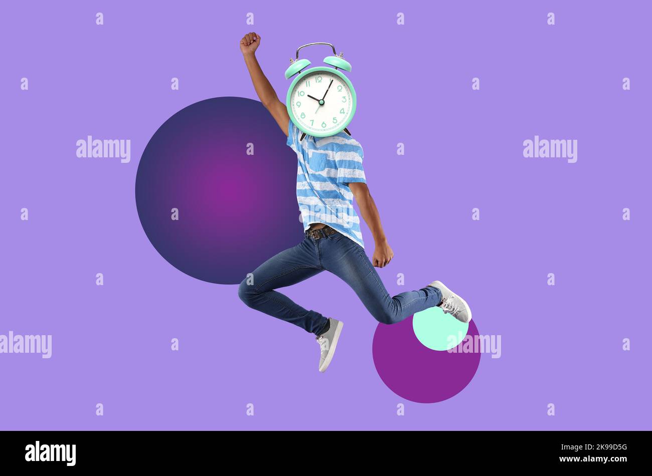 Jumping African-American teenager with alarm clock instead of his head ...