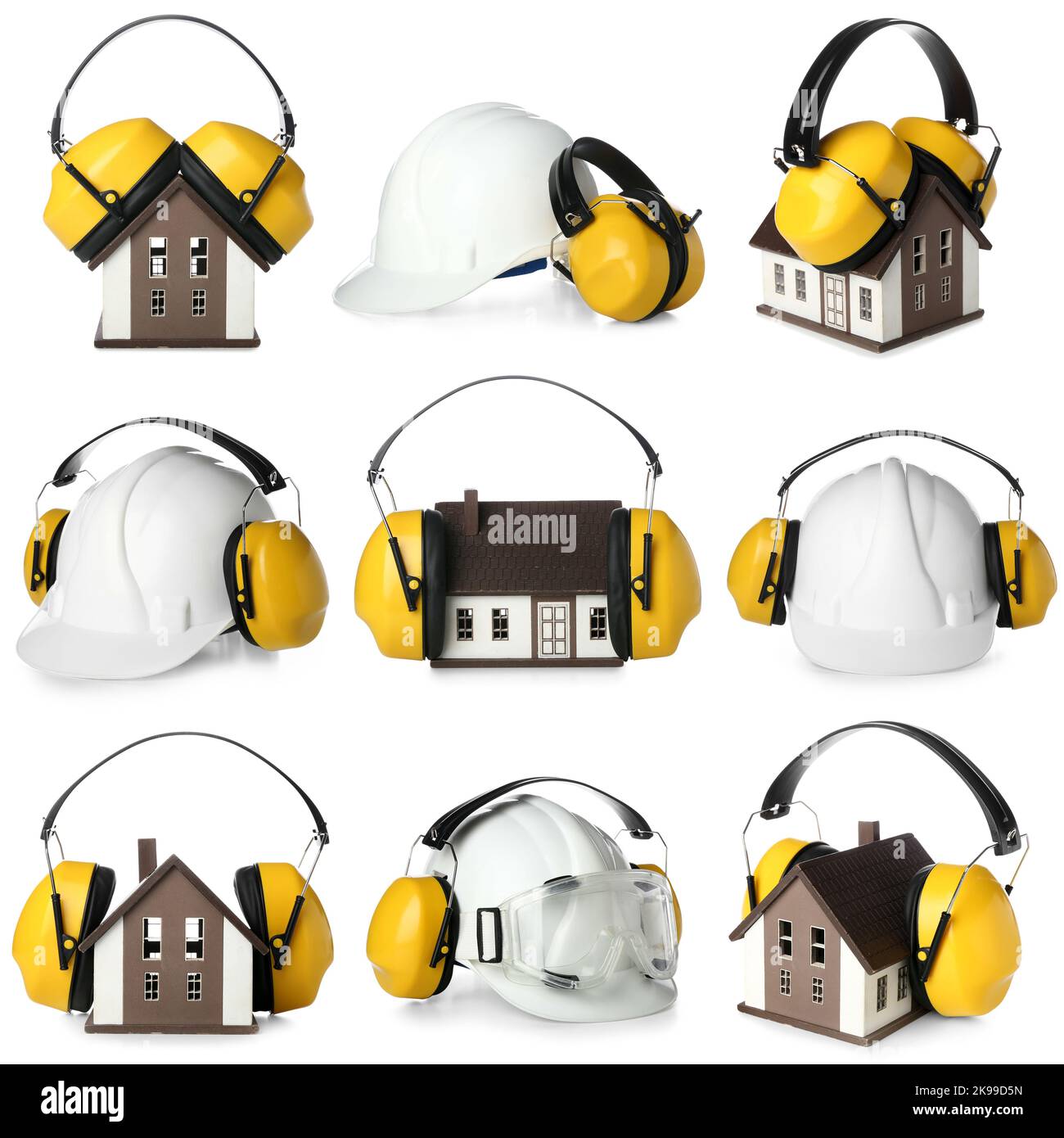 Collage of headphones with model of house and builder's supplies on ...