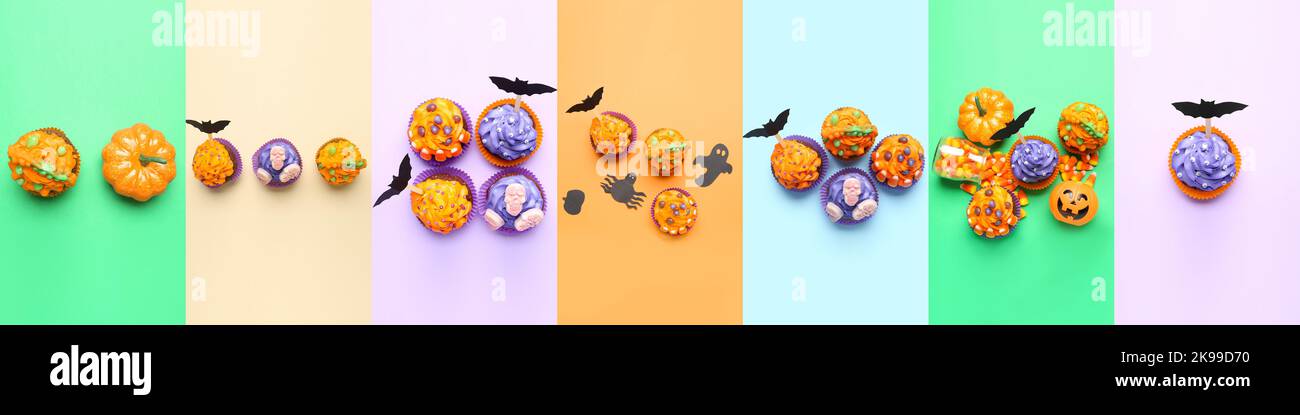 Set of tasty Halloween cupcakes on colorful background, top view Stock ...