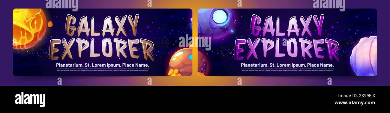 Galaxy explorer cartoon banners, cards with planets in outer space ...