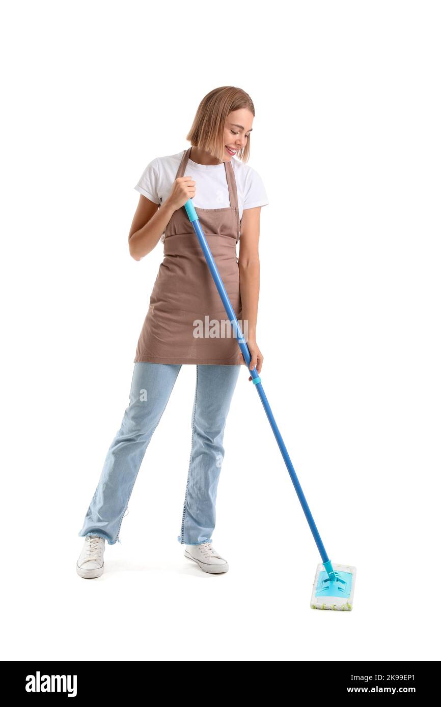 Pretty woman with mop on white background Stock Photo - Alamy