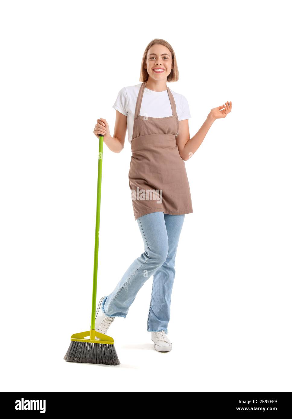 Pretty woman with mop on white background Stock Photo - Alamy