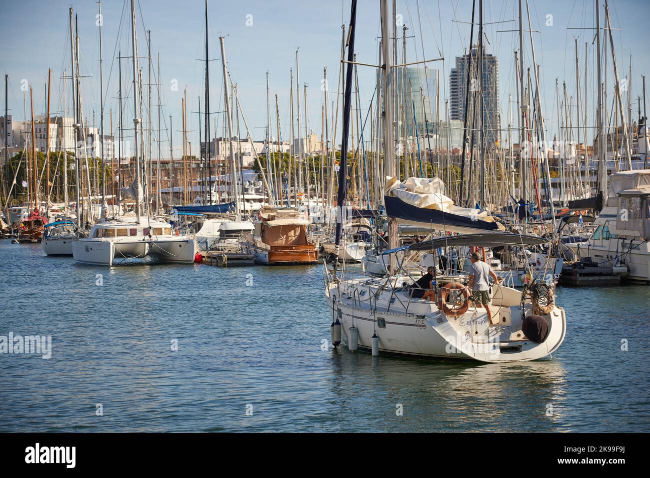 Catalonia capital city Barcelona in Spain. boats in the waterfront ...