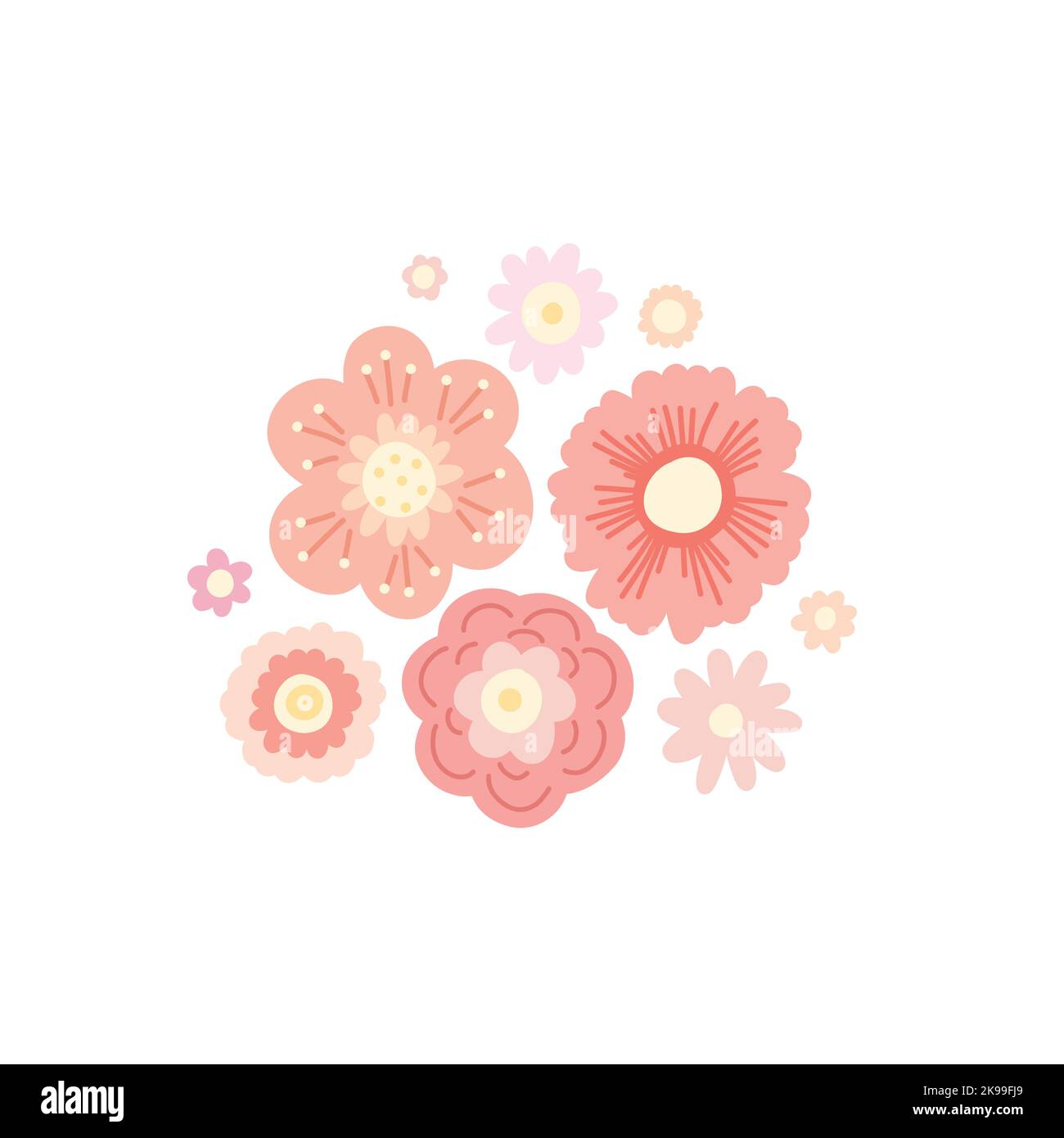 Vector card with delicate flat hand drawn flowers on a white background ...
