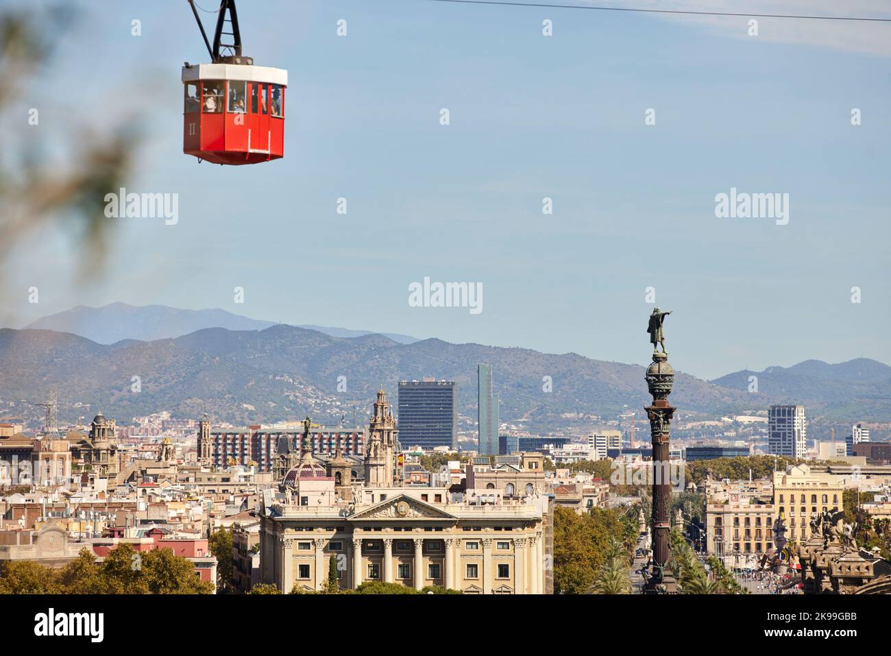 Catalonia capital city Barcelona in Spain. Columbus Monument on the ...