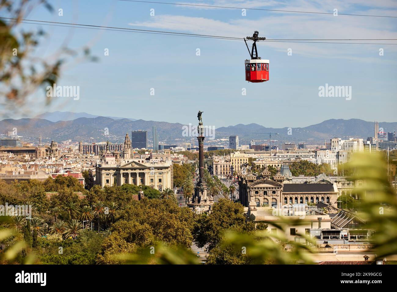 Catalonia capital city Barcelona in Spain. Columbus Monument on the ...
