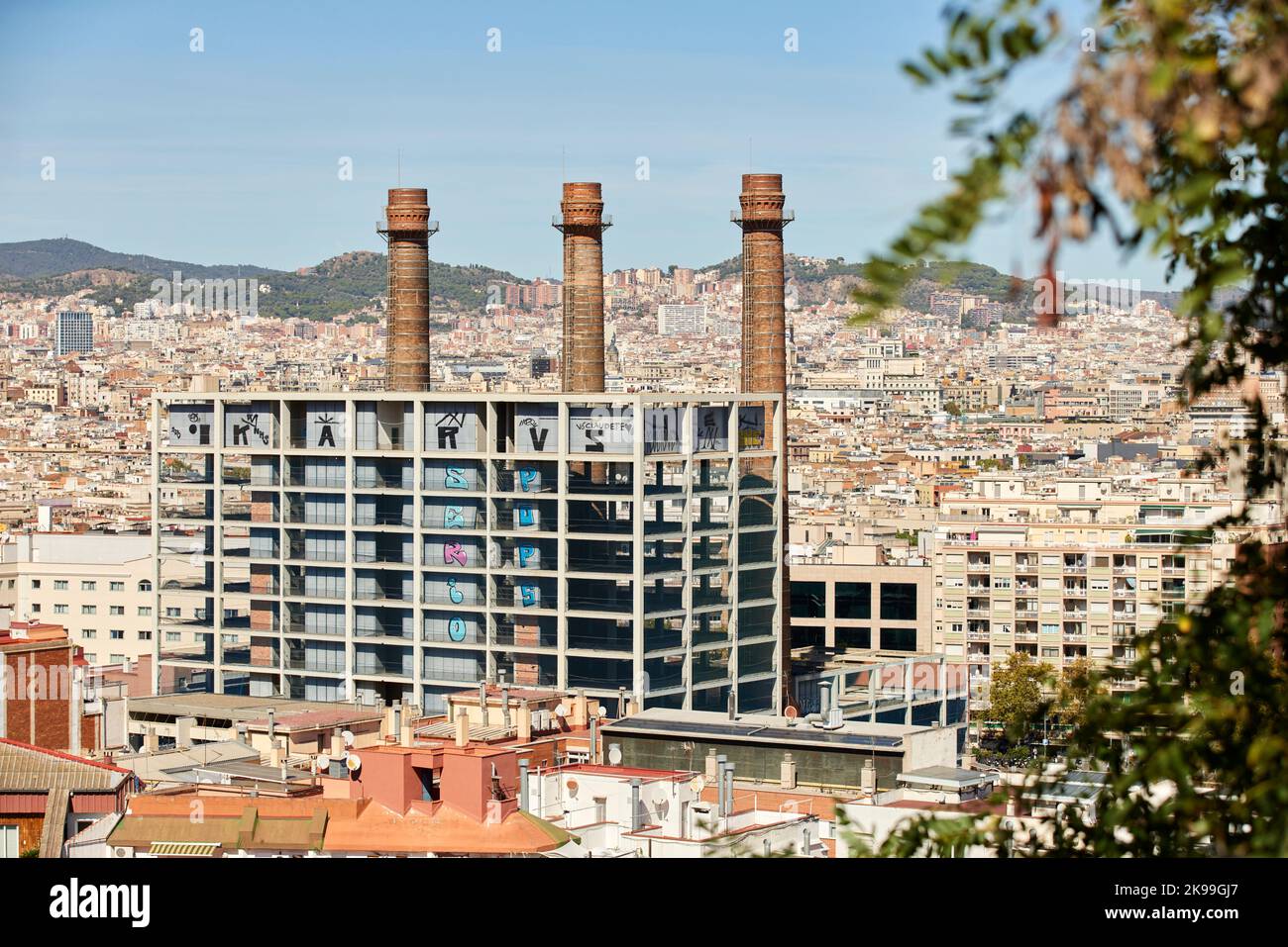 Catalonia capital city Barcelona in Spain. landmark three chimneys and ...