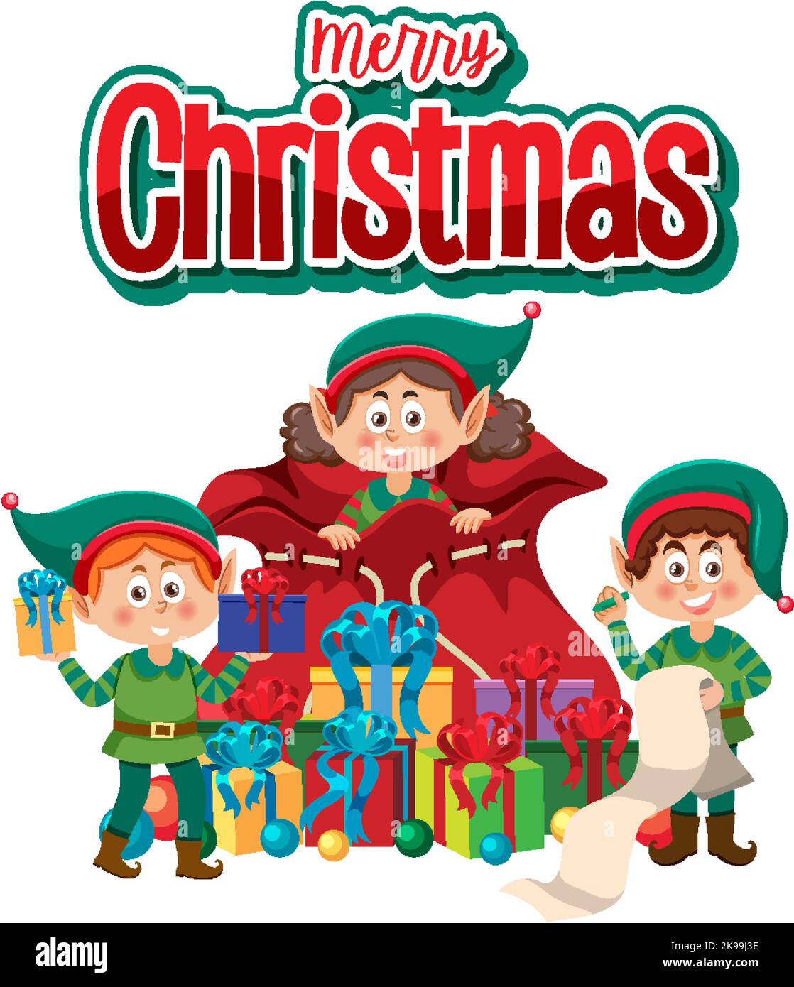 Merry Christmas text with elves cartoon character illustration Stock ...