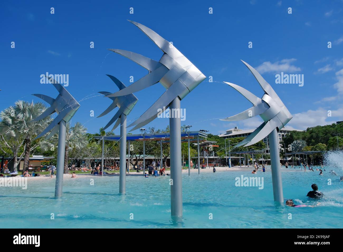 Beautiful pool, blue sky, and fish scalpture of esplanade in Cairns ...