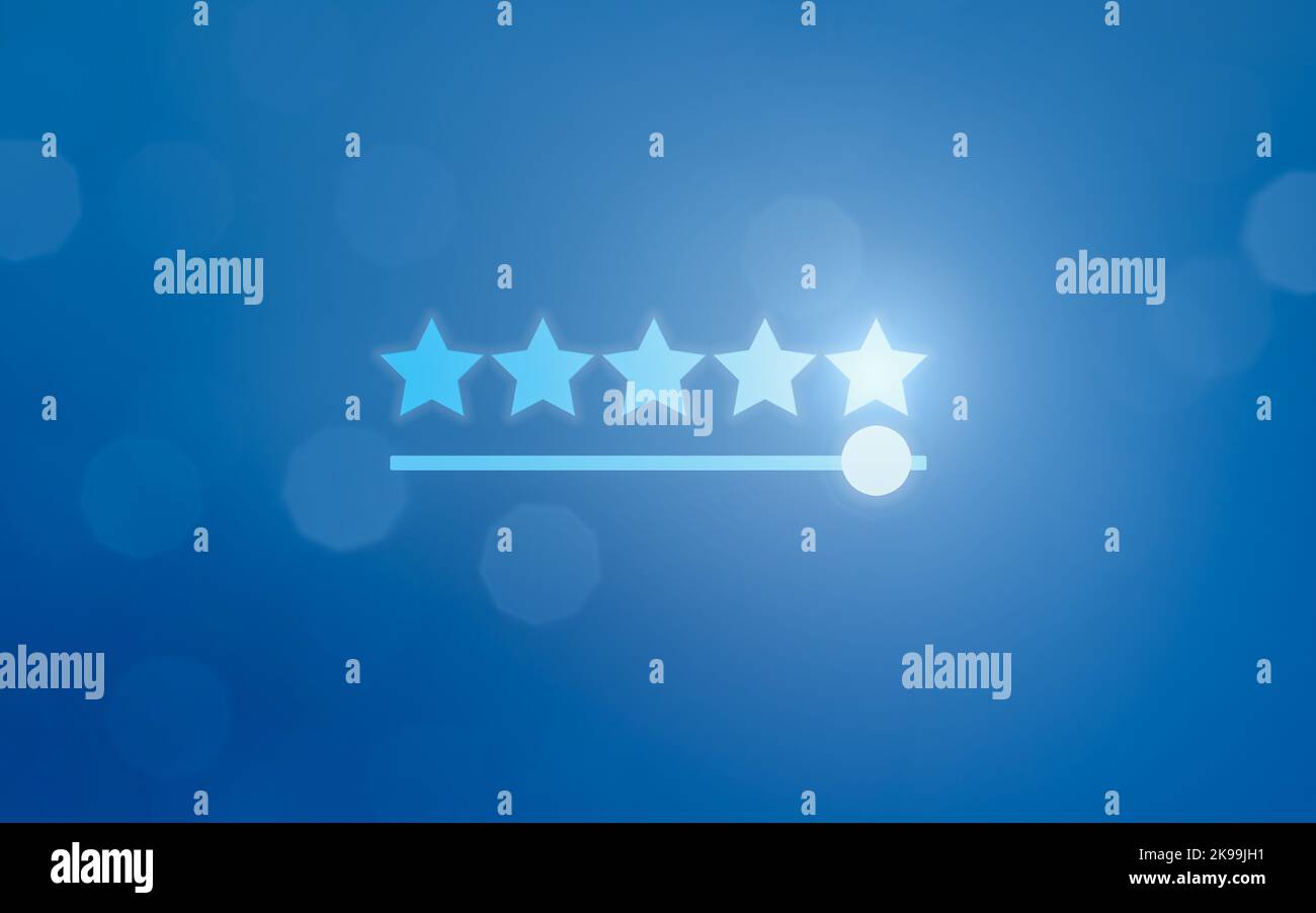 Abstract Five Star Rating Background With Glowing And Bright Star On Light Blue Backdrop 5