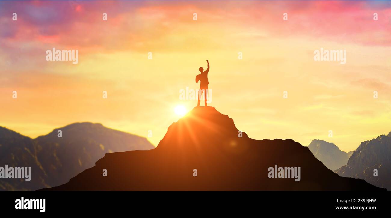 Success Business Leadership, Winner on top. Success. Silhouette man at ...