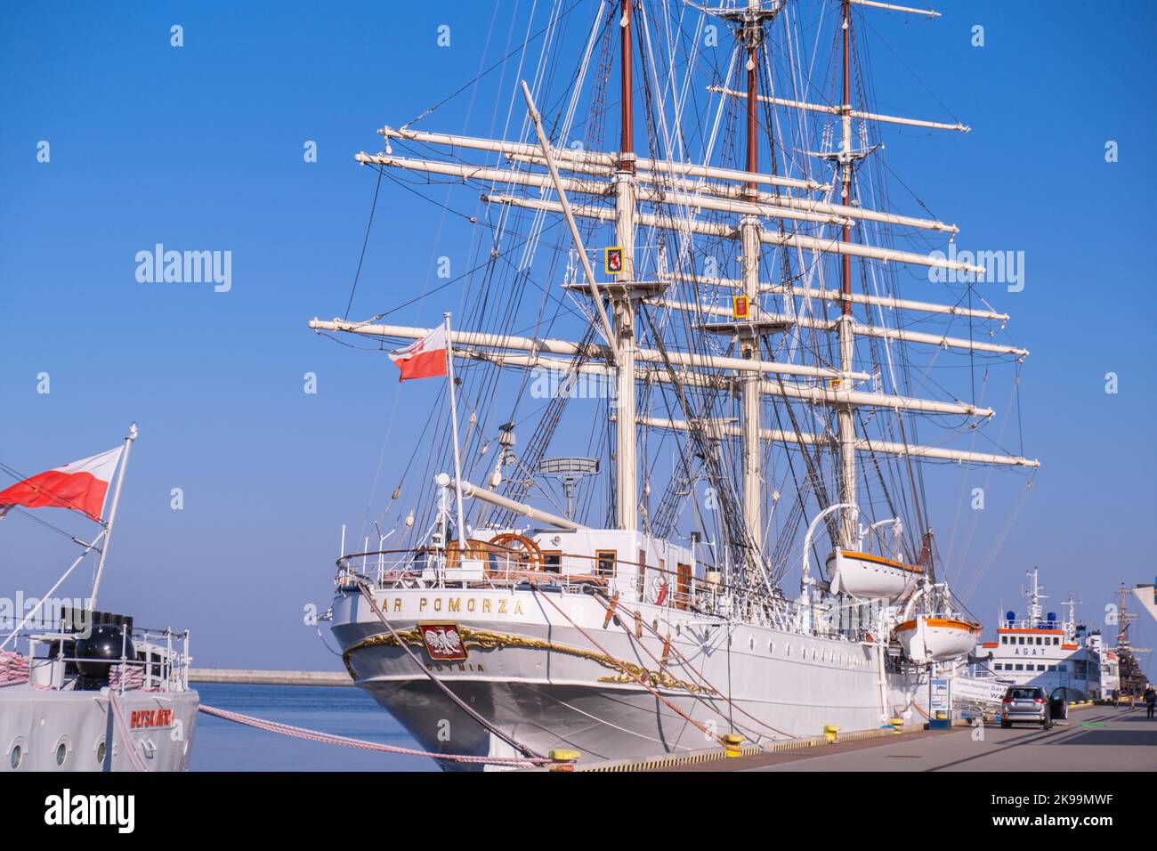 Gdynia Poland May 2022 Flag of Poland waving on flag pole of ship ...