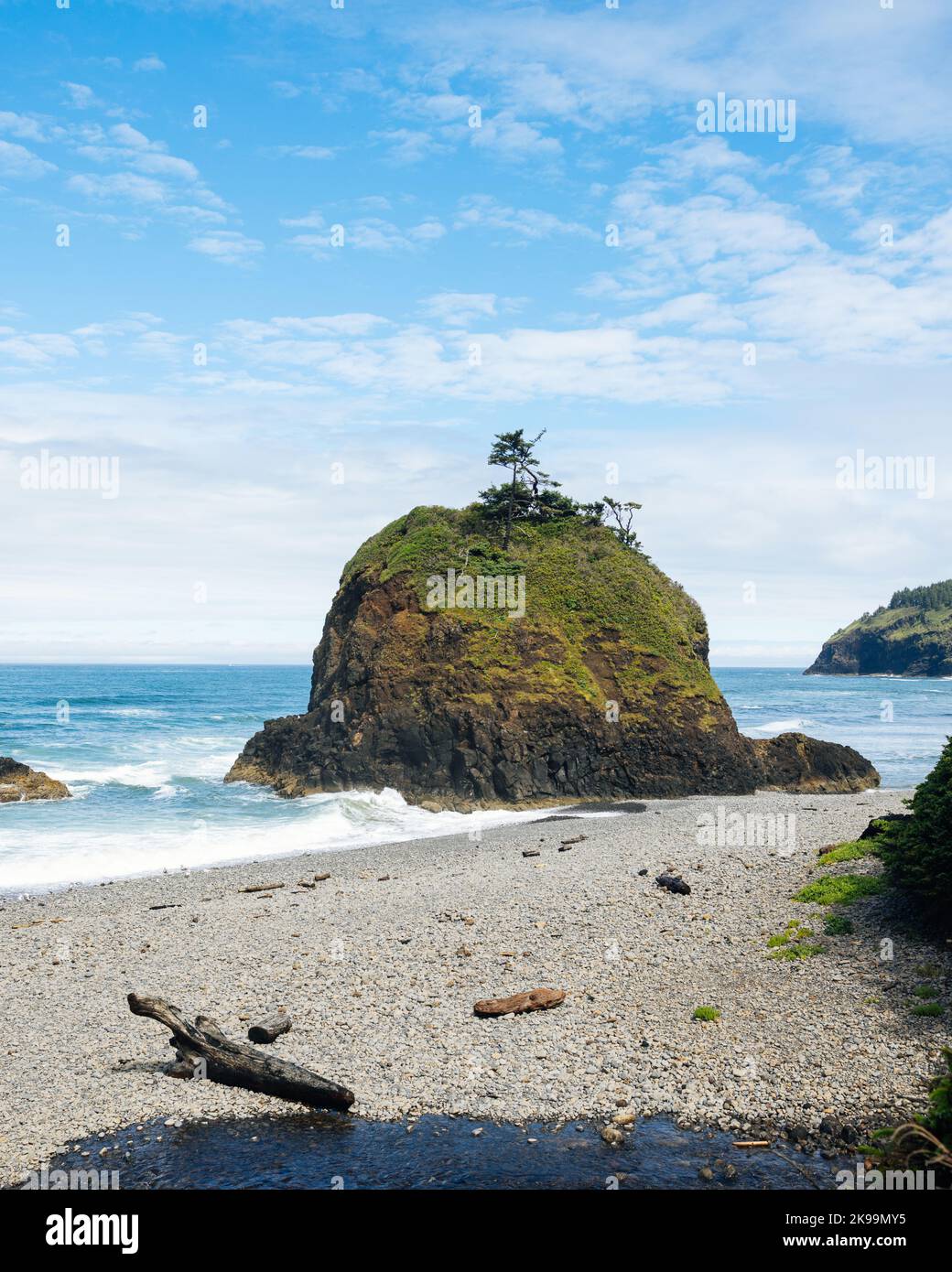 A vertical shot of sea stack on the beach with a cloudy blue sky in the ...