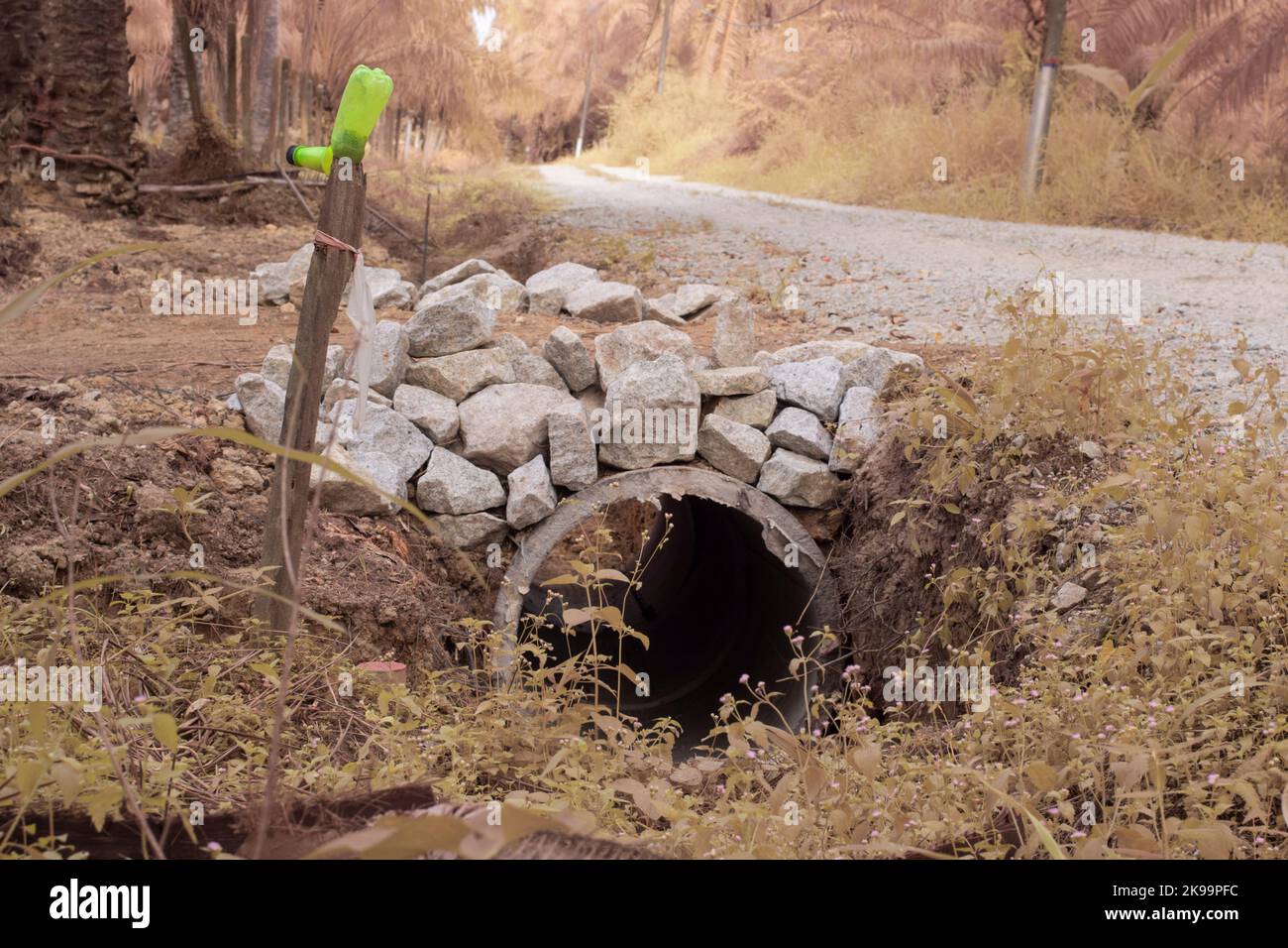 infrared image of the concrete cylindrical drain at the countryside ...