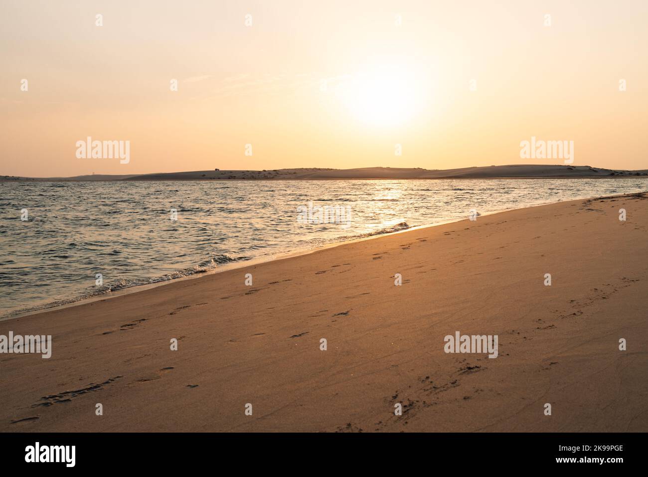 A beautiful scenery of a golden sunset over the sandy beach in Qatar ...