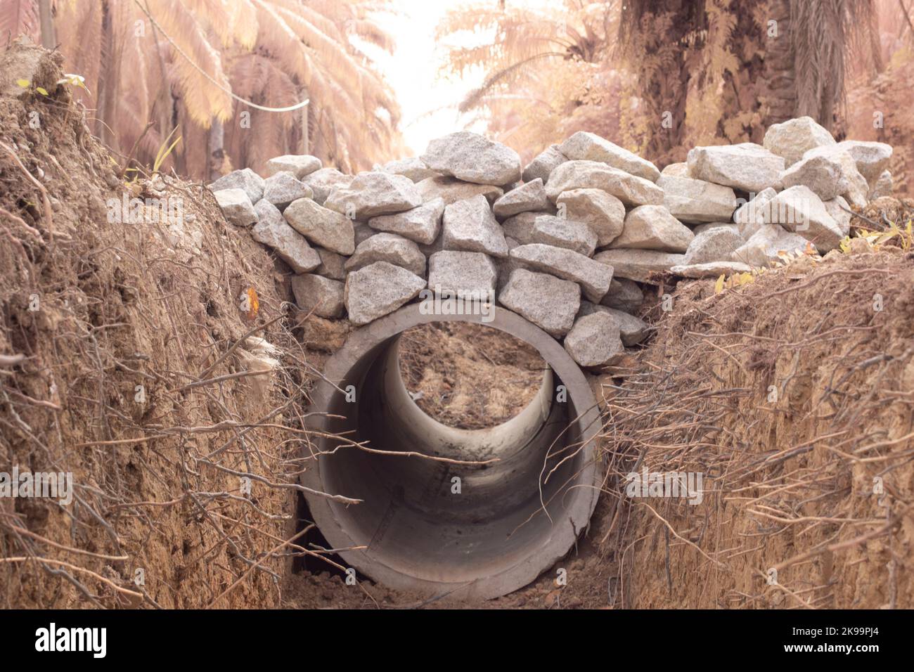infrared image of the concrete cylindrical drain at the countryside ...